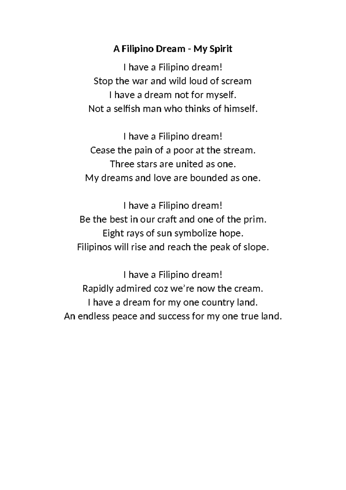 Filipino Dream: A Poetic Vision for Peace and Unity - Studocu