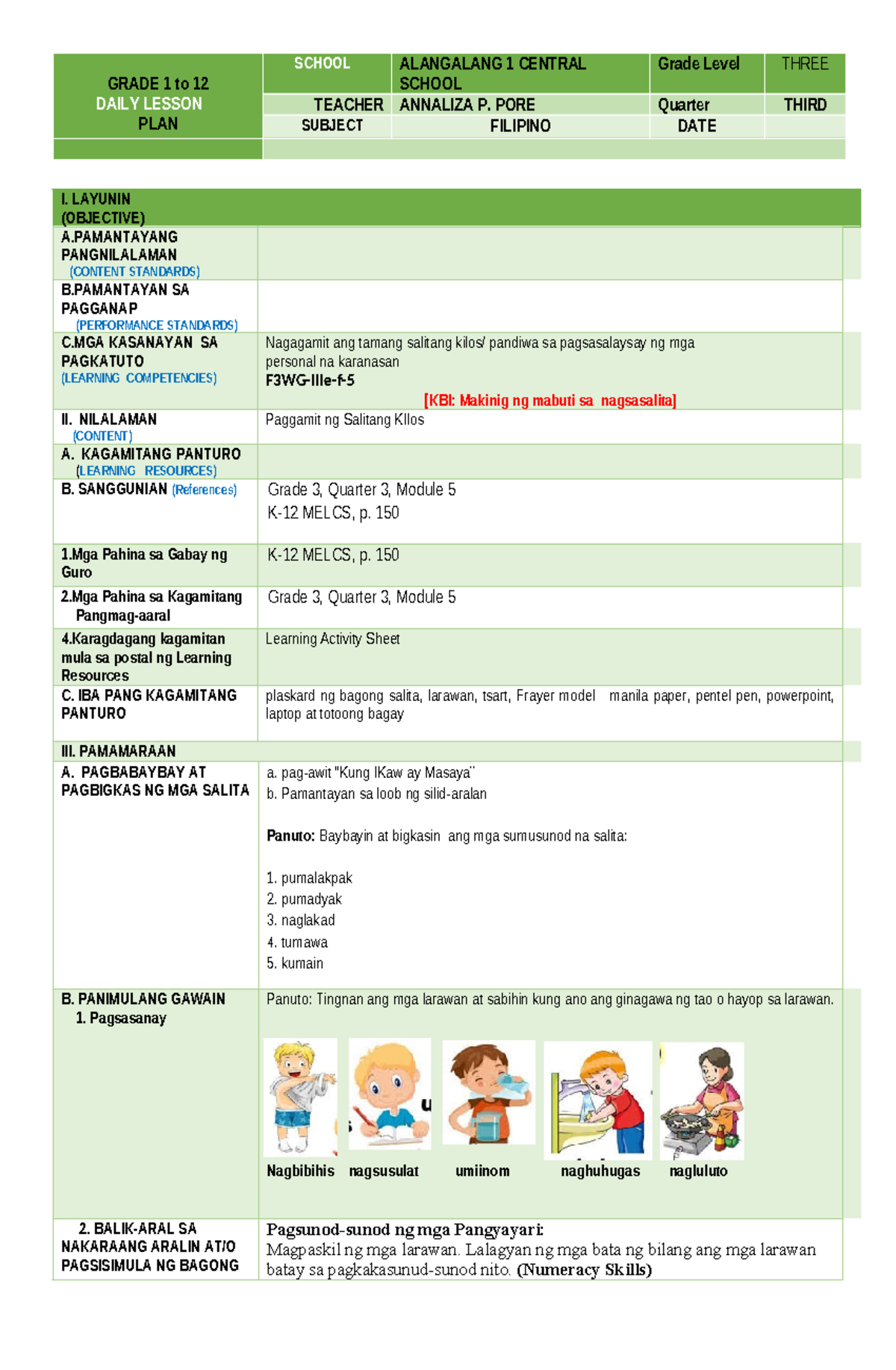 Filipino Lesson Plan: Paggamit ng Salitang Kilos (Grade 3, Q3) - Studocu