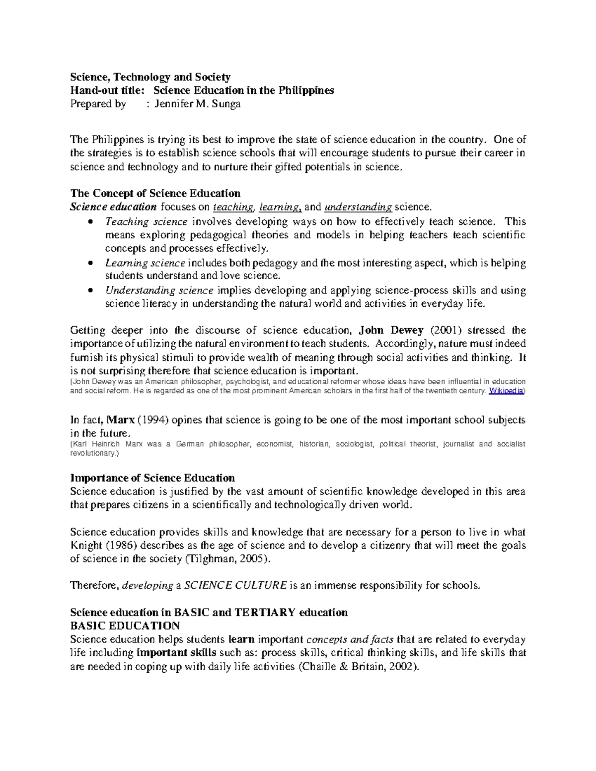 Handout Introduction to STS - Science, Technology and Society Introduction to Science ...