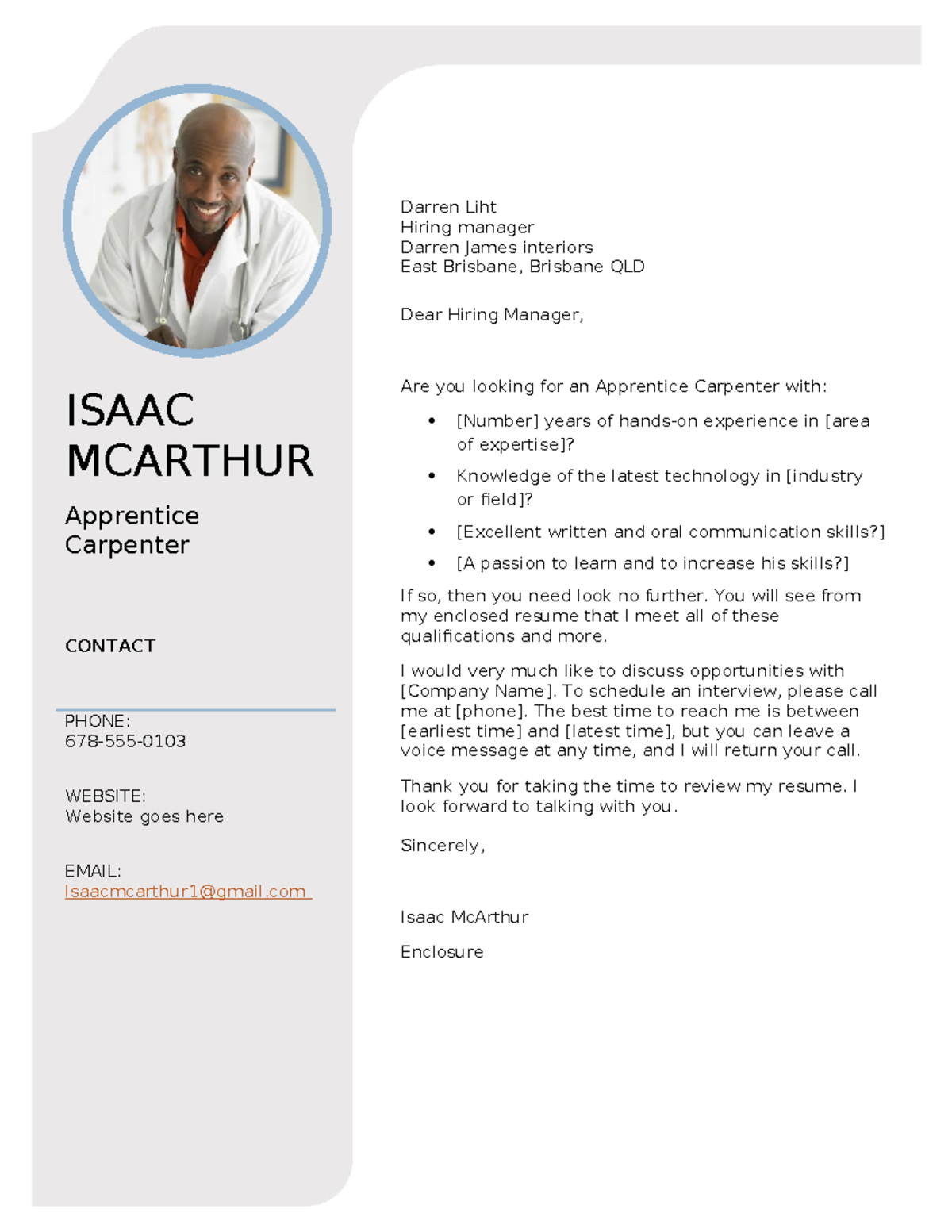 IA3 Macbeth: Cover Letter for Apprentice Carpenter Position - Studocu