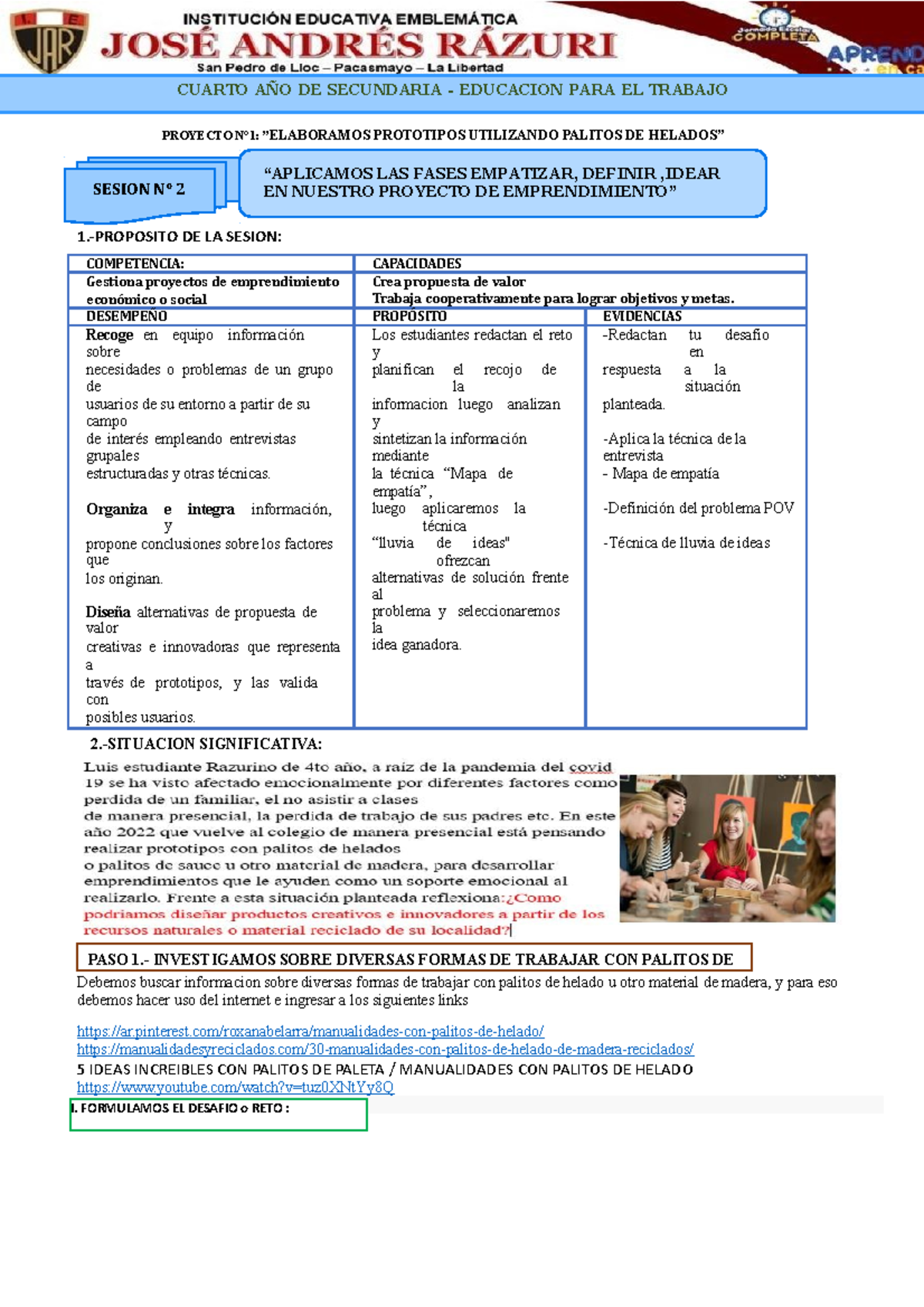 Sesion #3 - EPT- 4TO 2022 (1) (1) - SESION N° 2 “APLICAMOS LAS FASES EMPATIZAR, DEFINIR ,IDEAR ...