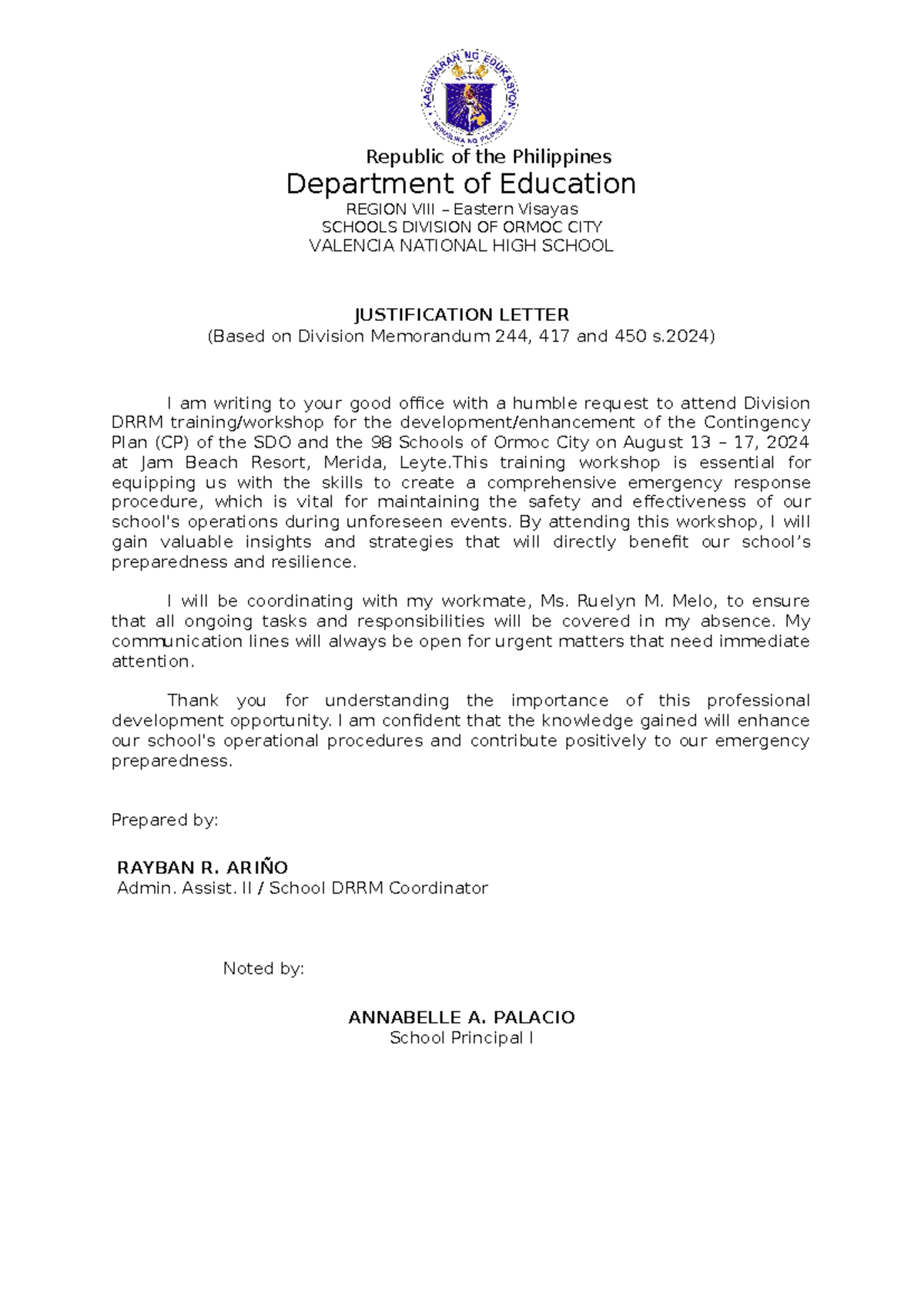 Justification Letter for Attending DRRM Training (Memorandum 244, 417 ...
