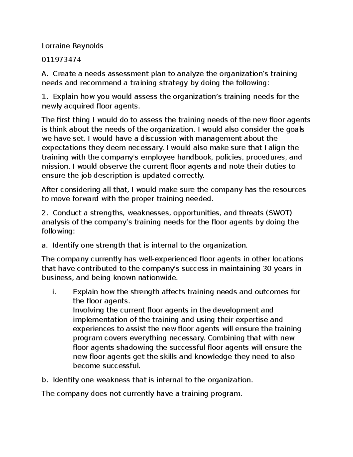 D353 Task 1: Training Needs Assessment & Strategy for Floor Agents ...