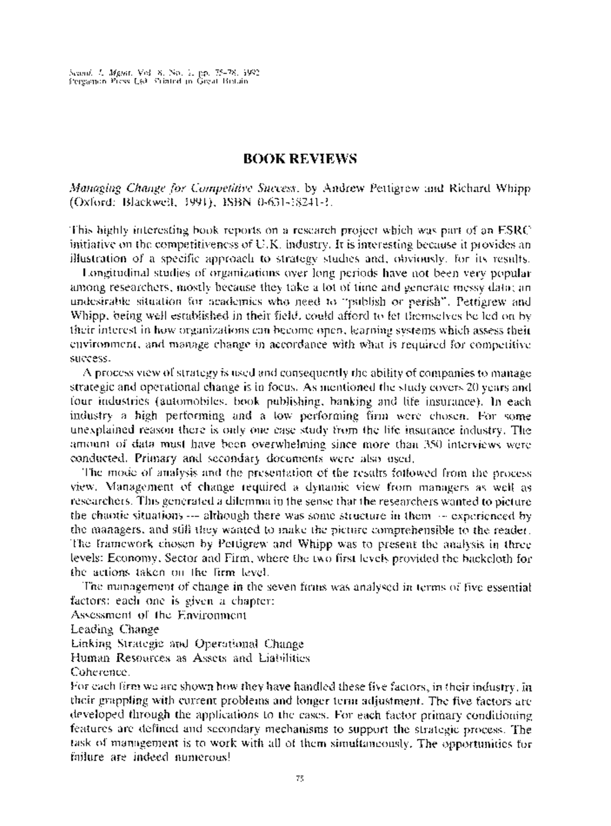 Managing Change for Competitive Success: A Review of Pettigrew & Whipp ...