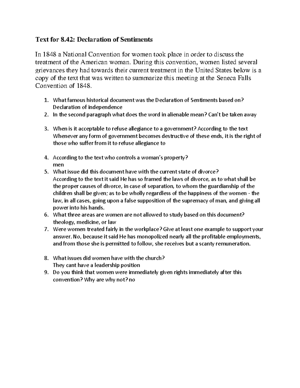Questions on the Declaration of Sentiments - Text for 8: Declaration of ...