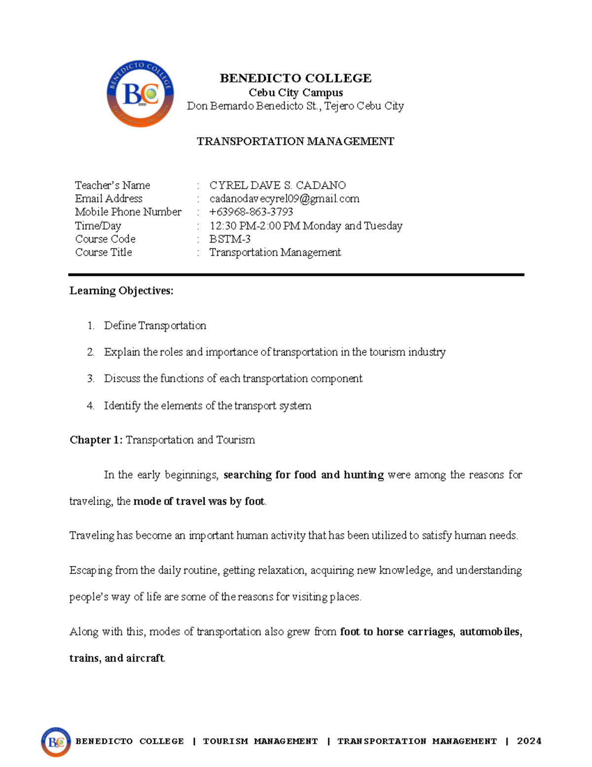 BSTM-3 Transportation Management Class Handout and Overview - Studocu