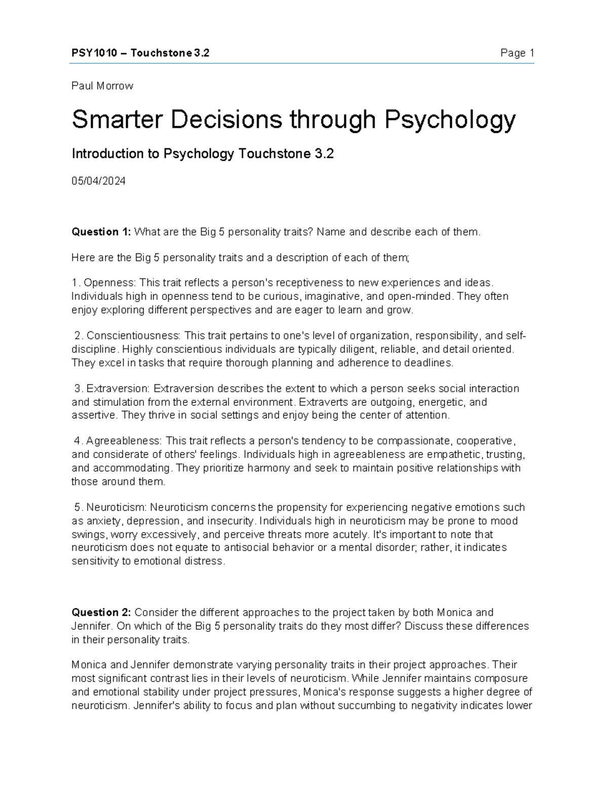 Introduction to Psychology Course Milestone 3 Assignment - Studocu