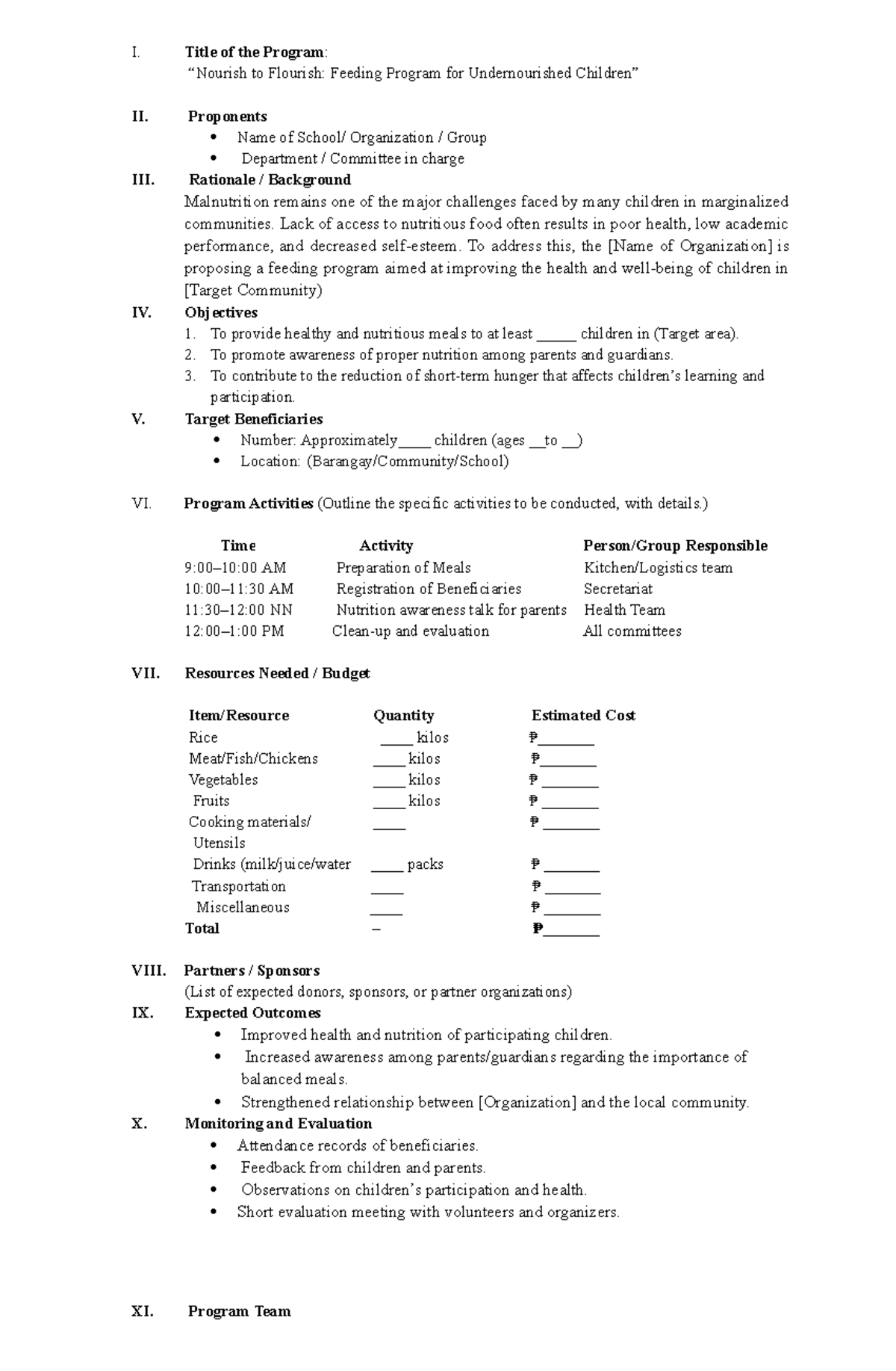 Outreach Feeding Program Proposal: Aiming to Nourish Children - Studocu