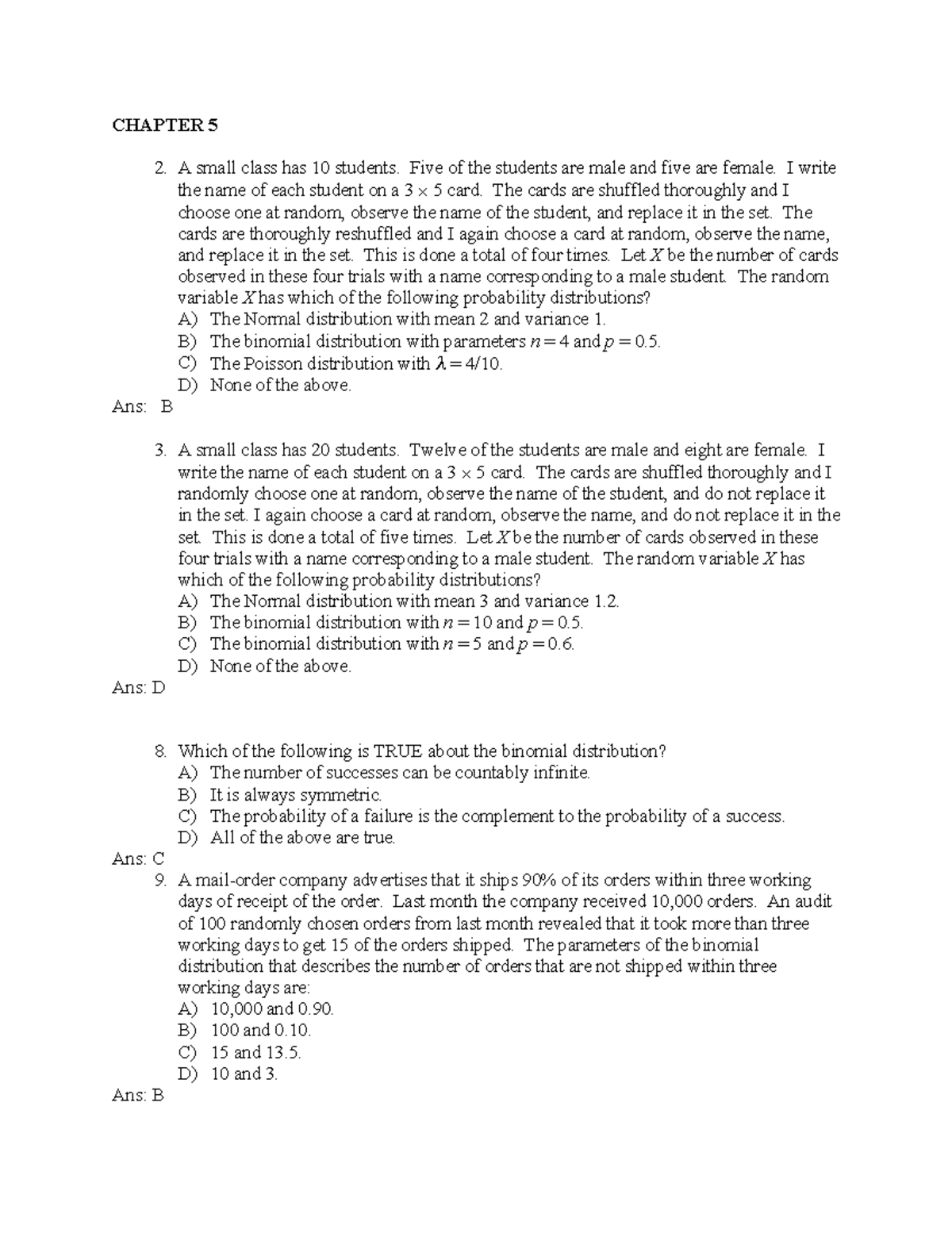 Chapter 5 - Practice Questions on Probability Distributions - Studocu