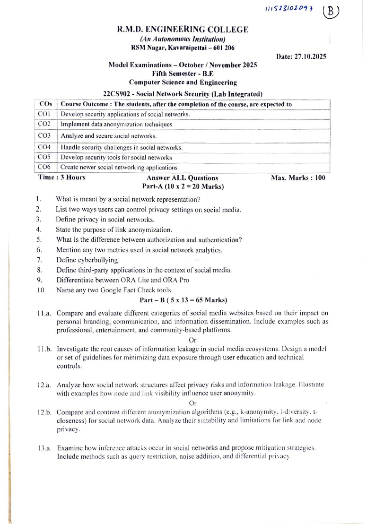 22CS902 Social Network Security Model Exam Questions - Studocu