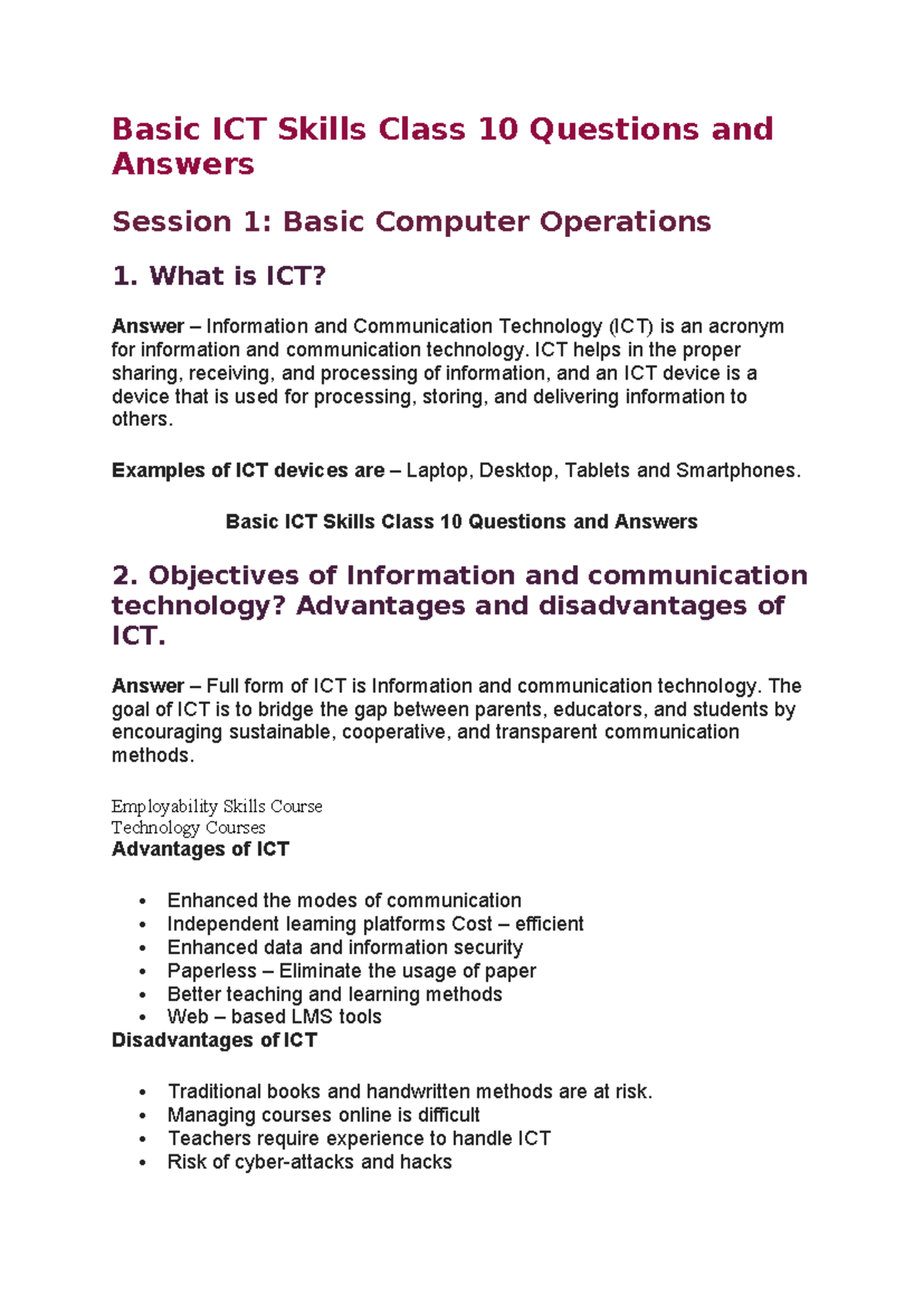 Basic ICT Skills Class 10: Q&A on Computer Operations and Security ...