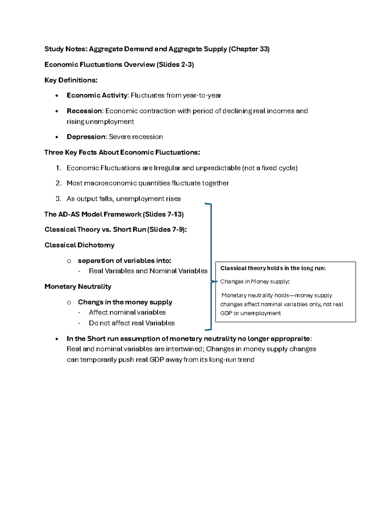 Chapter 33 Study Notes: Aggregate Demand & Supply Overview - Studocu