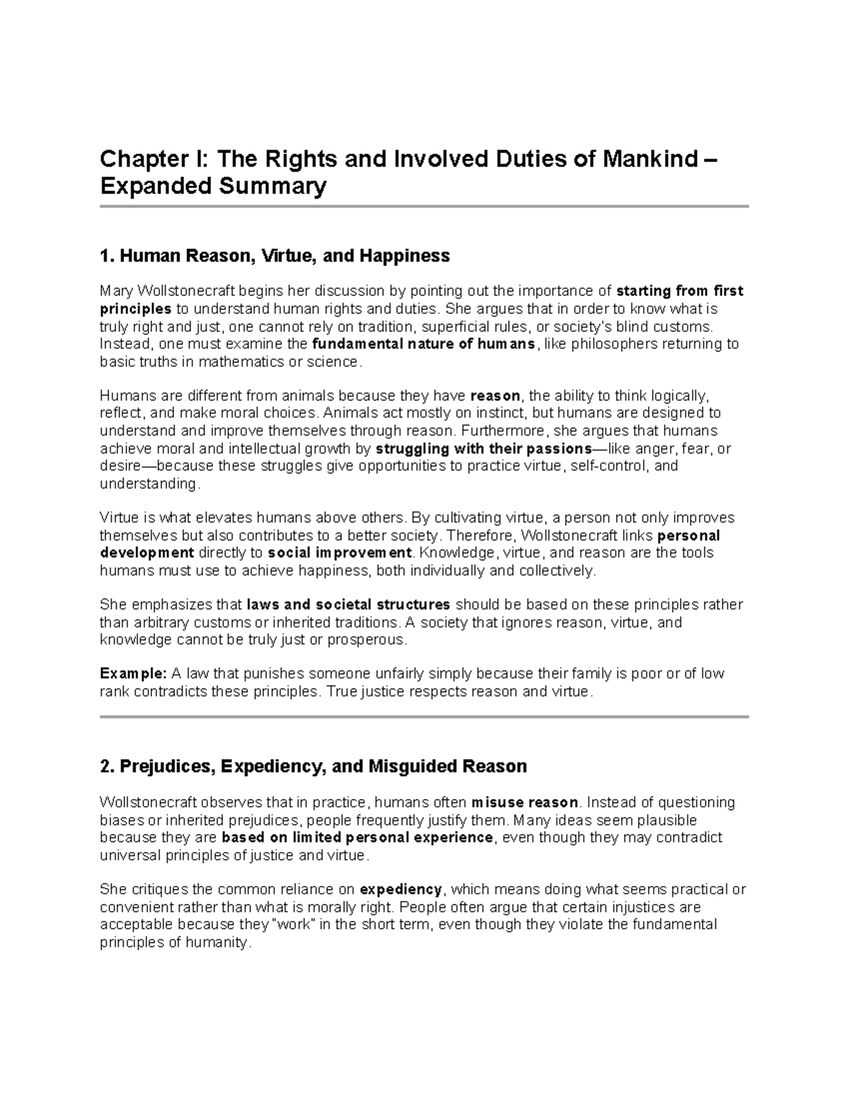 Wollstonecraft Essay Summary: Chapter I - Human Rights & Duties - Studocu