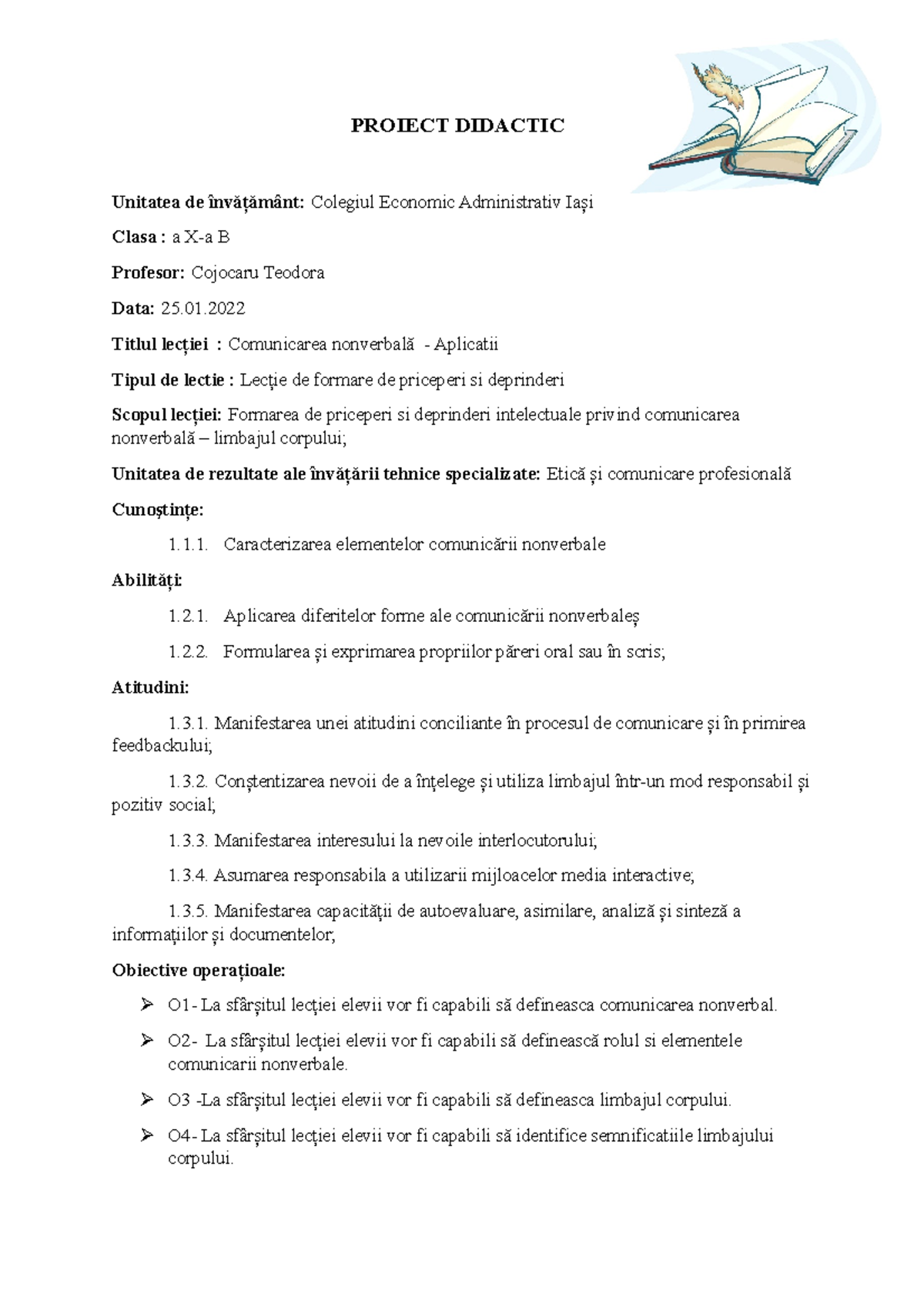 Proiect Didactic - Lecție de Comunicare Nonverbală Clasa a X-a - Studocu