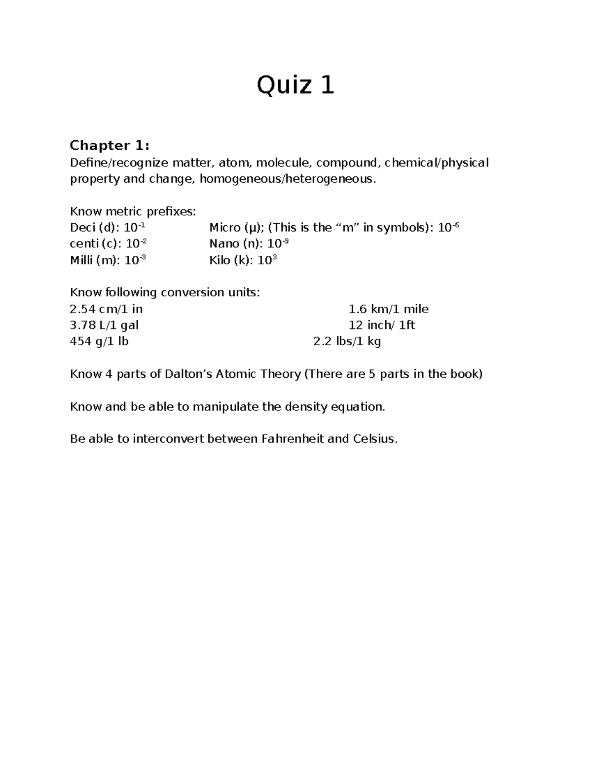 Quiz 1: Key Concepts in Chemistry and Metric Conversions - Quiz 1 ...
