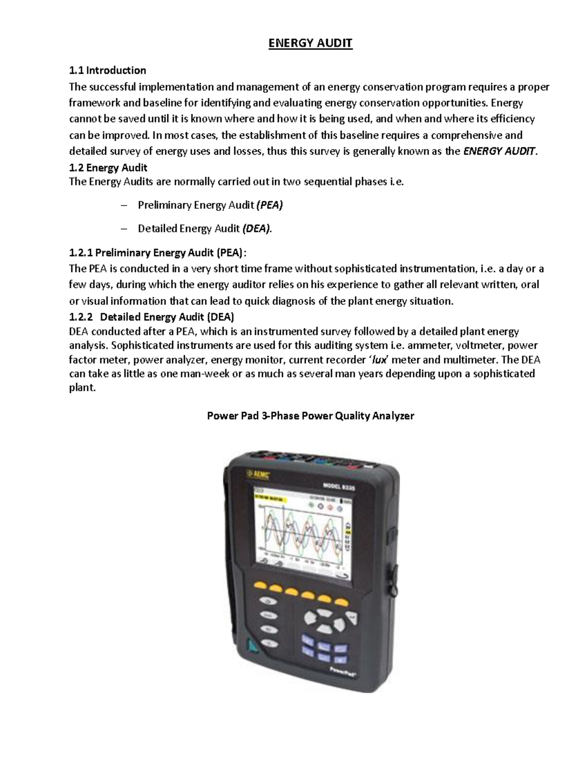 Energy Audit Notes - ENERGY AUDIT 1 Introduction The successful ...