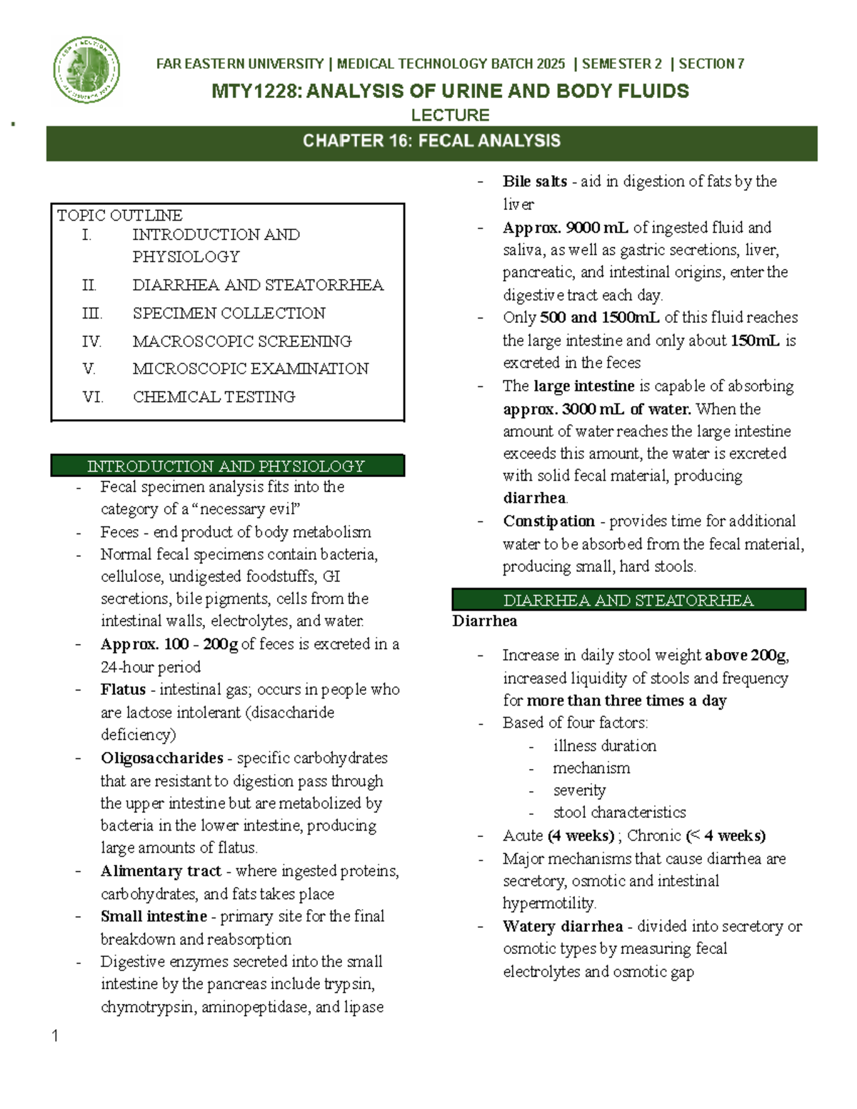Fecal Analysis: MTY1228 Lecture on Urine and Body Fluids - Studocu