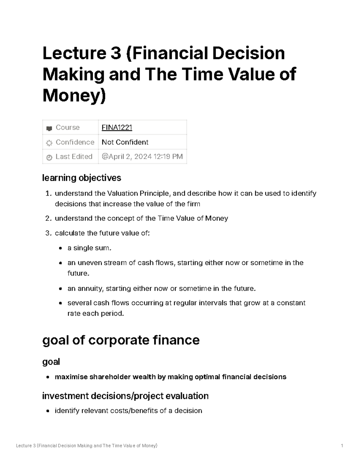 FINA1221 Lecture 3 - Lecture 3 (Financial Decision Making and The Time ...