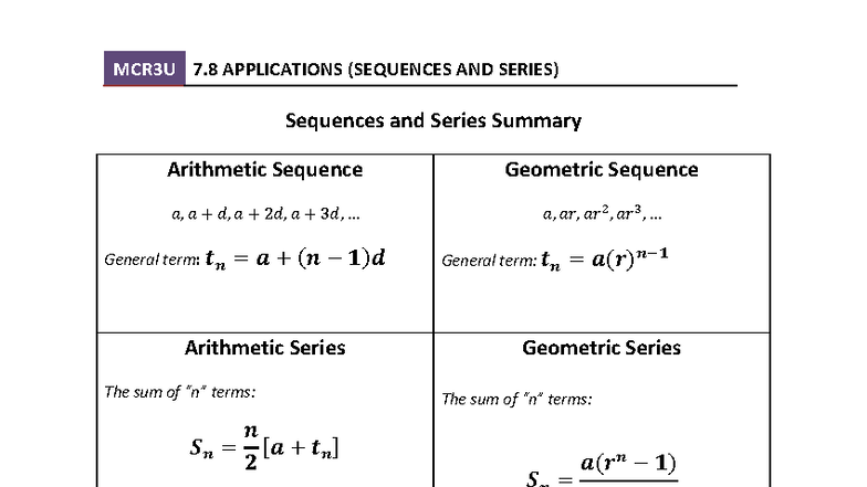 MCR3U 7.8 Applications: Sequences & Series Summary Worksheet - Studocu