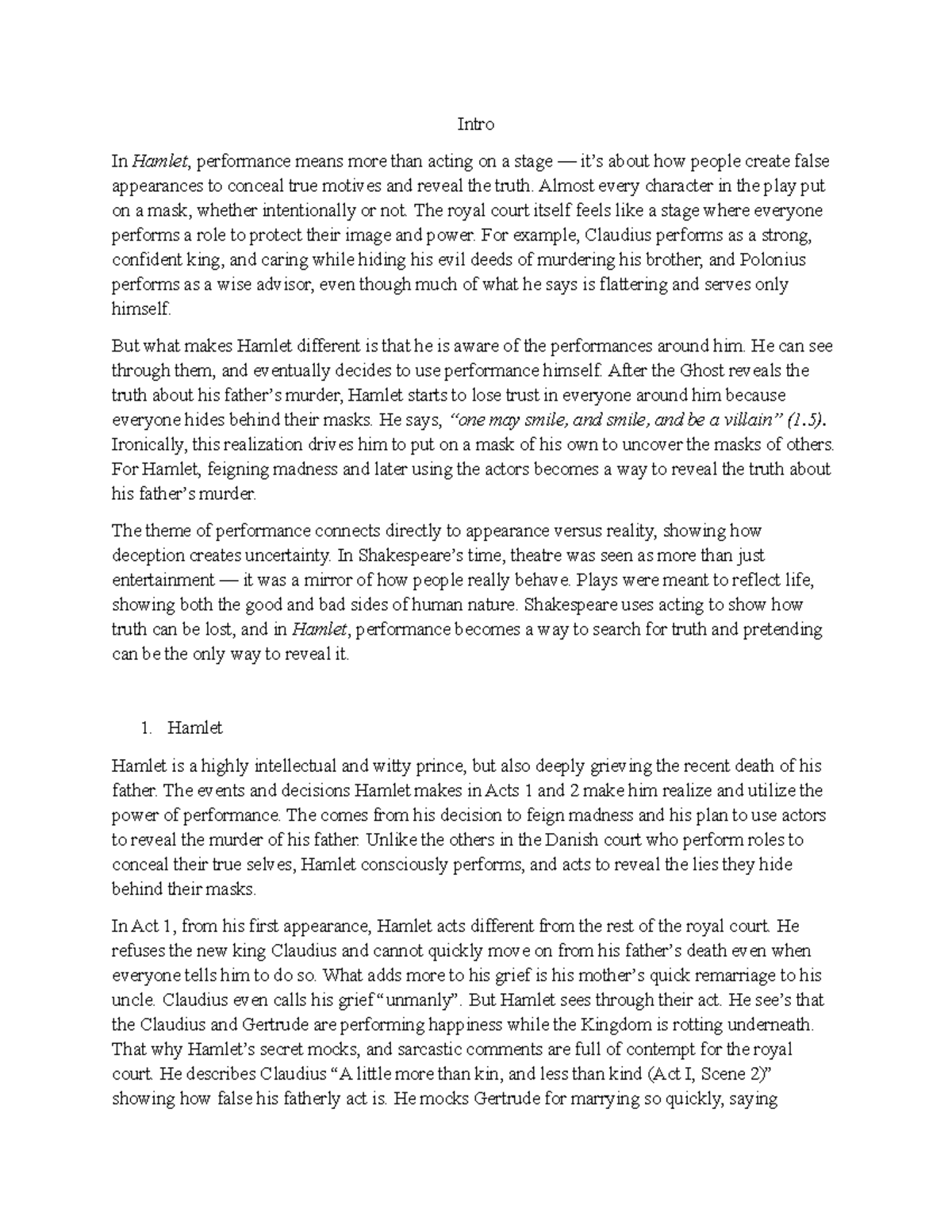 Hamlet (ENG 101): The Role of Performance in Revealing Truth - Studocu