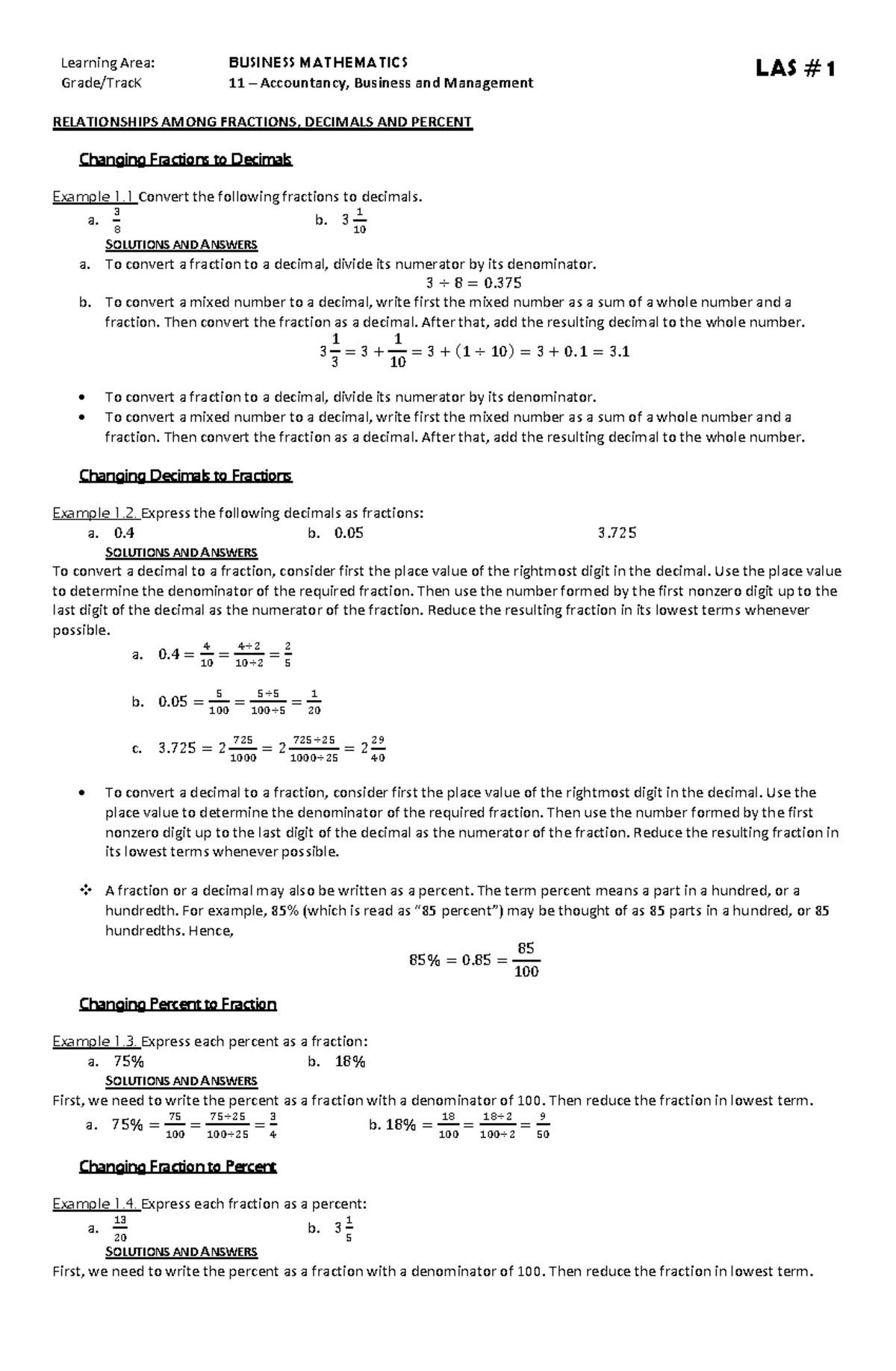BM L1 - Summary Secondary Education - Learning Area: BUSINESS ...