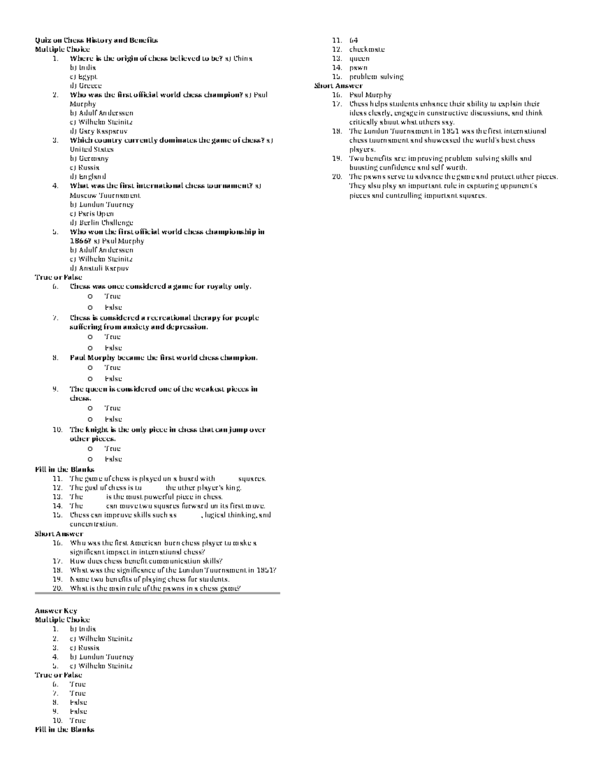 Quiz on Chess History and Benefits - Quiz on Chess History and Benefits ...