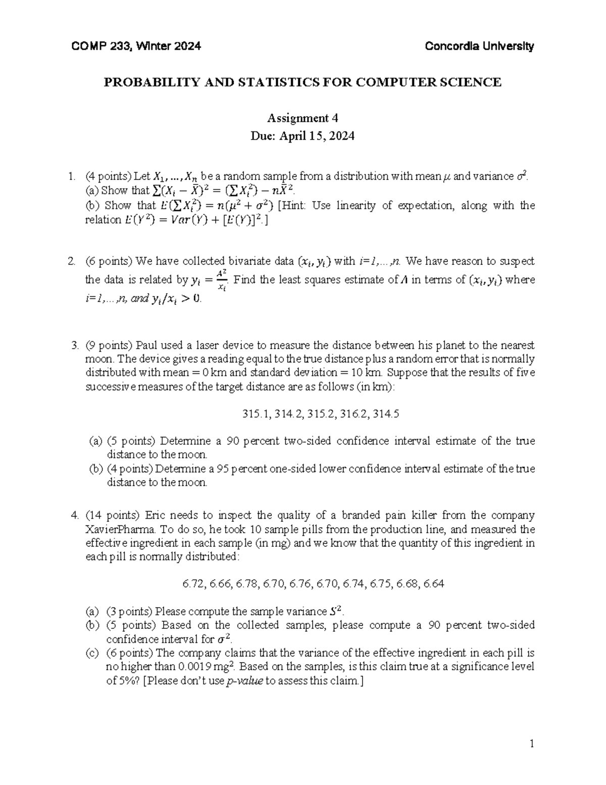 Comp 233 W24 Assignment 4: Probability & Statistics Analysis - Studocu