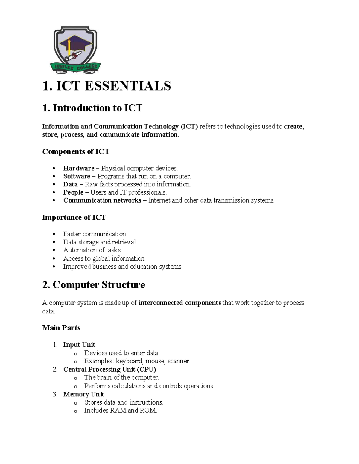 ICT Essentials and Word Processing Overview - DIP1 Final Exam Notes ...
