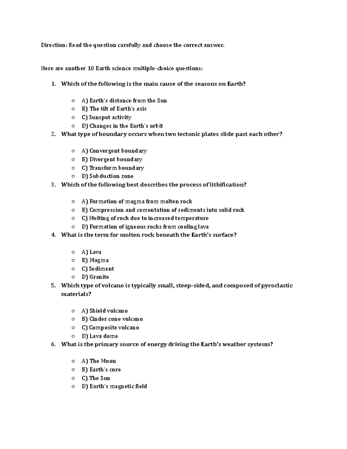 Y118 - Earth Science Quiz: Understanding Seasons, Rocks, and Weather ...