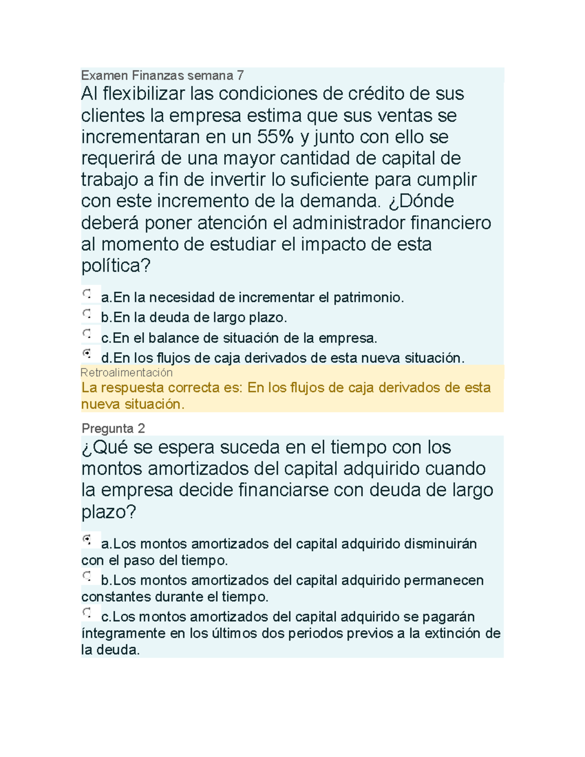 Examen Finanzas - Semana 7: Preguntas y Respuestas Clave - Studocu