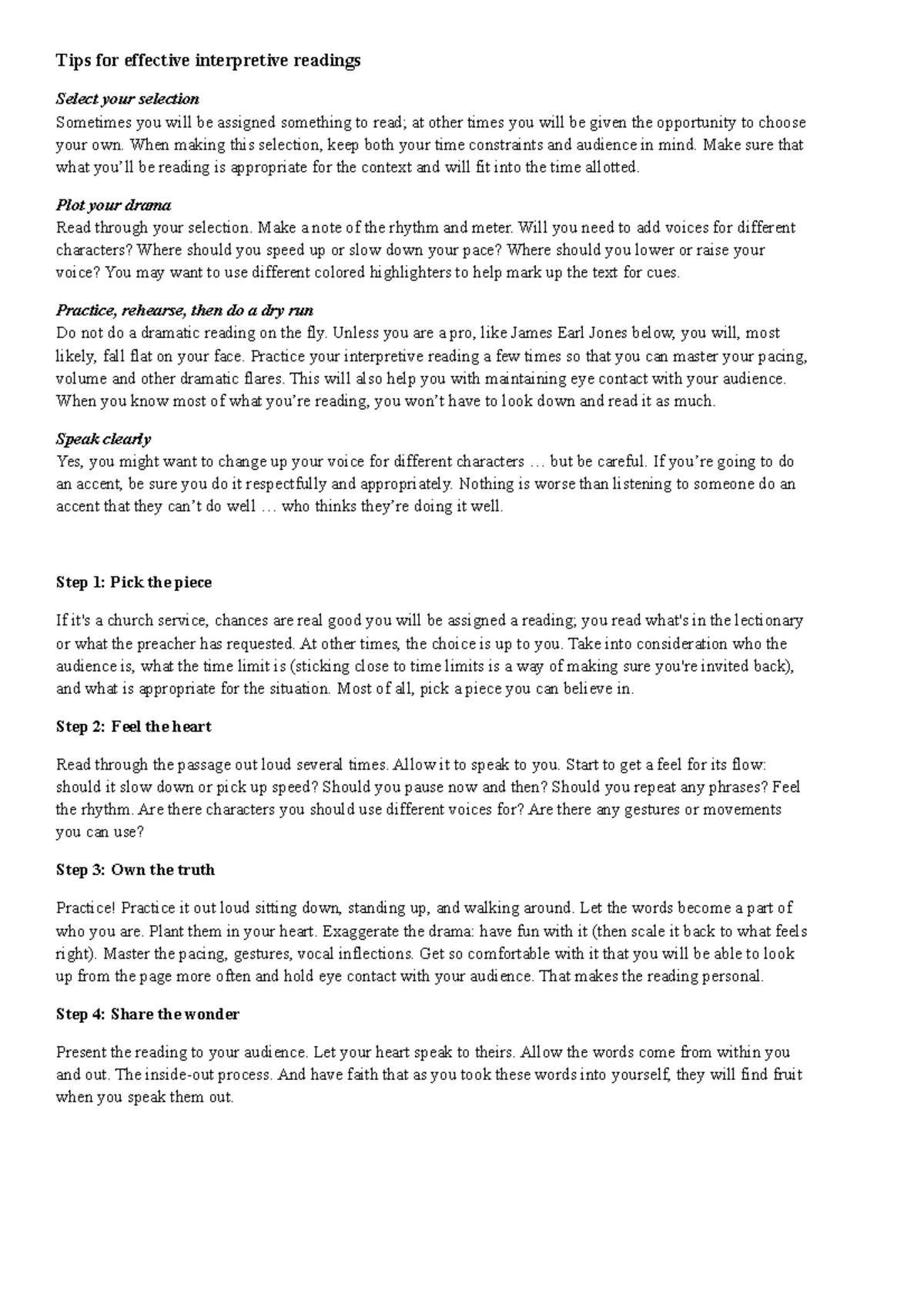 Tips for effective interpretive readings - When making this selection ...