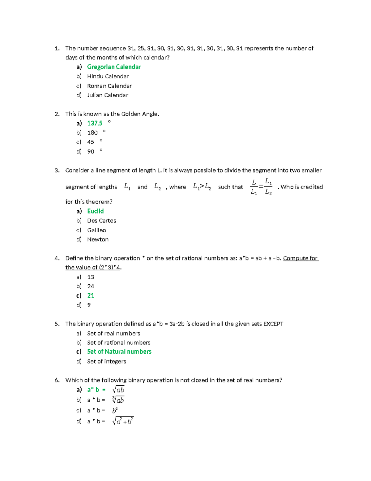 Sample Questions for Mathematics Course (MATH101) - Midterm Exam Prep ...