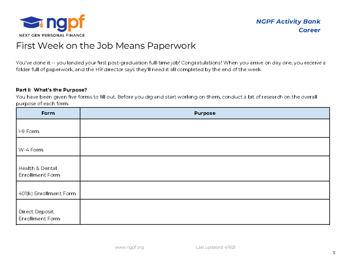 First Week on the Job: Essential Paperwork Guide (NGPF) - Studocu
