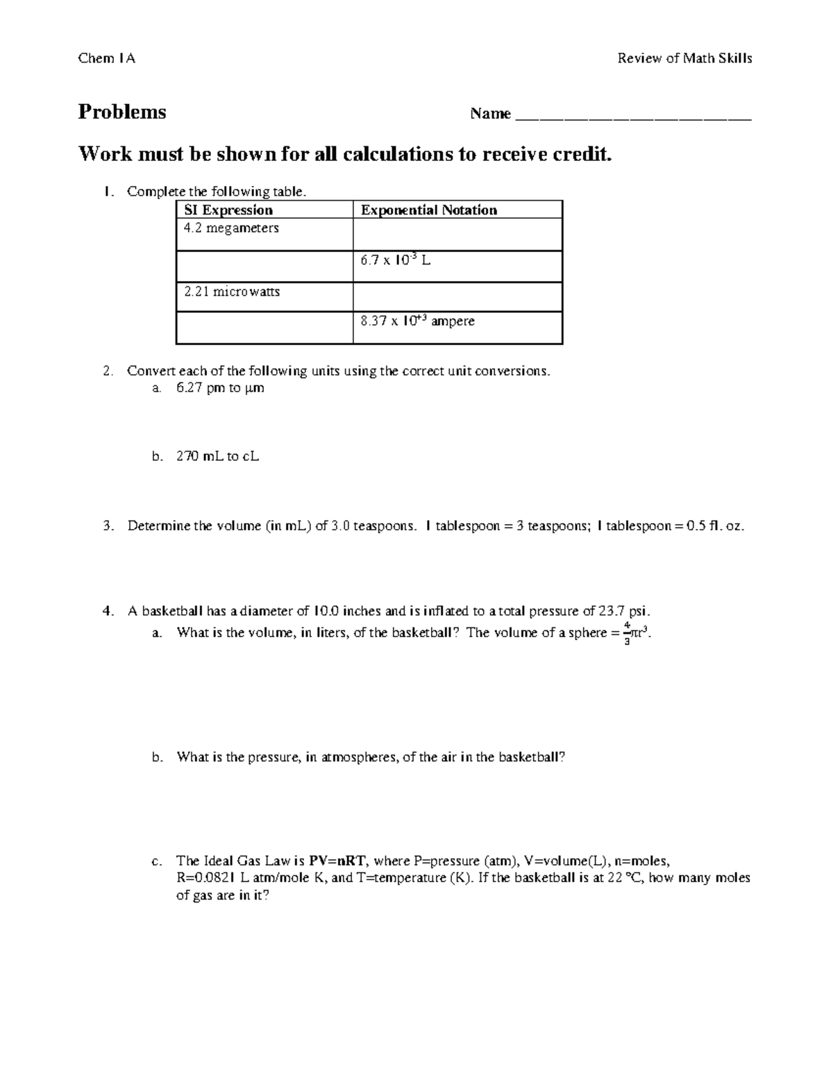 Chem 1A Final Exam Review: Math Skills and Unit Conversions Fa22 - Studocu