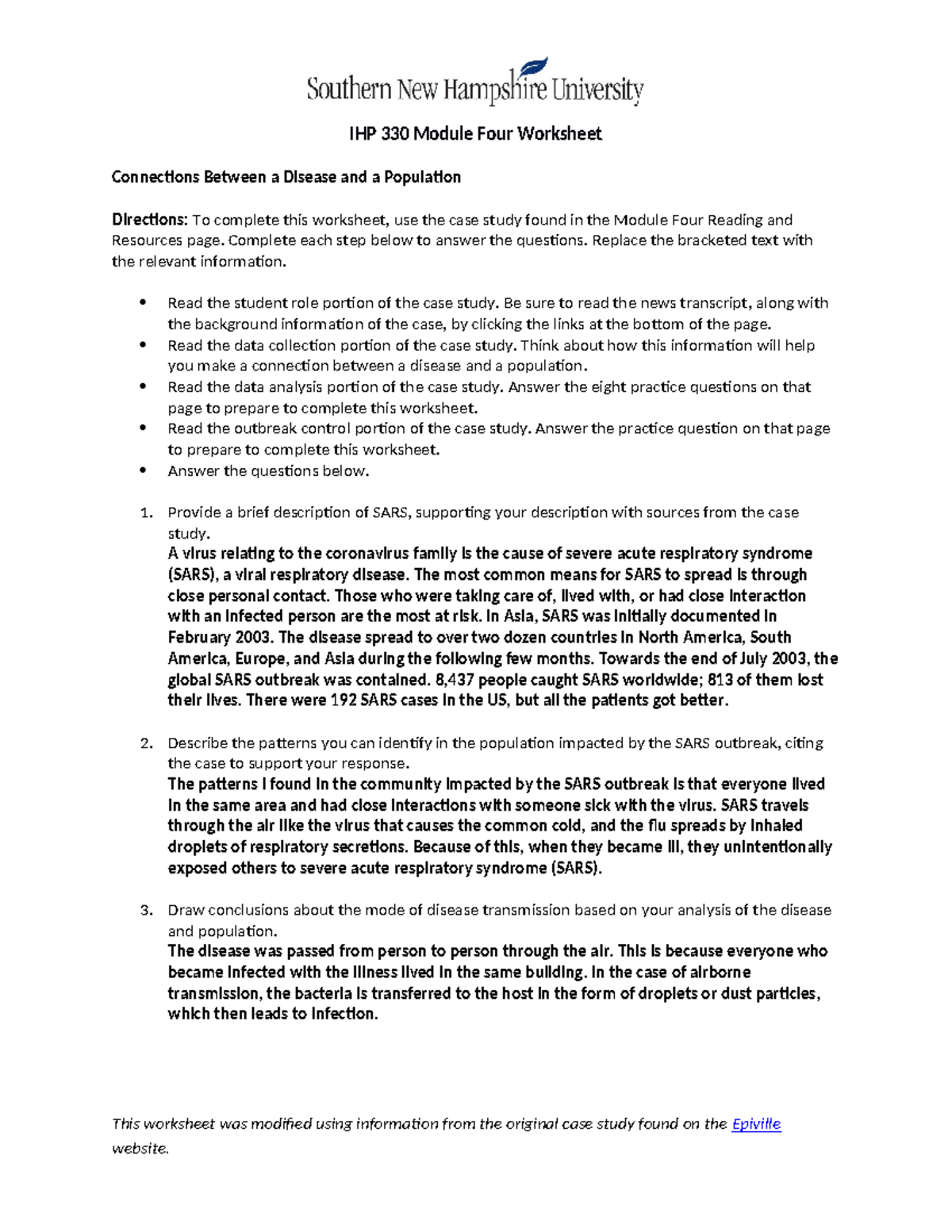 IHP 330 Module Four Worksheet: Disease-Population Connections Analysis ...