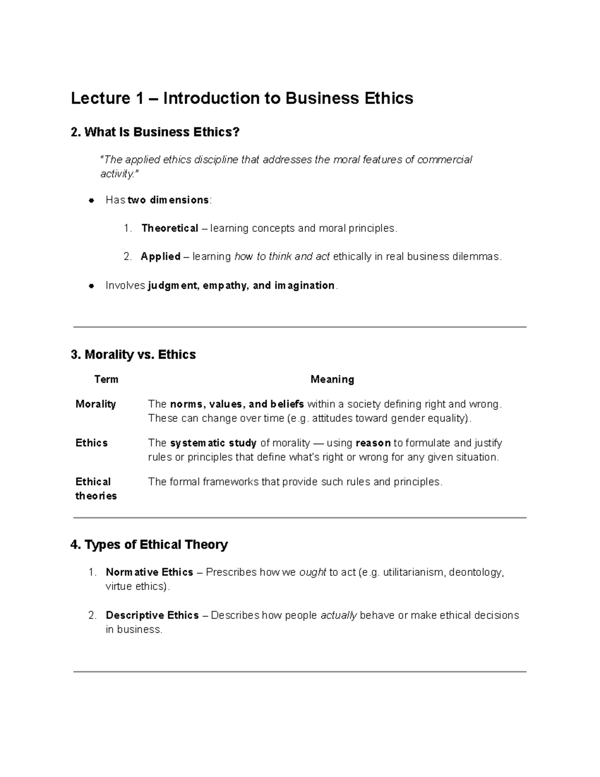 Lecture 1: Introduction to Business Ethics (BUS 101) - Studeersnel