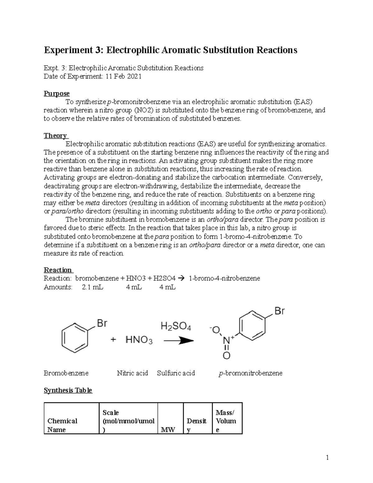 CHEM 254 Experiment 3: Electrophilic Aromatic Substitution - Studocu
