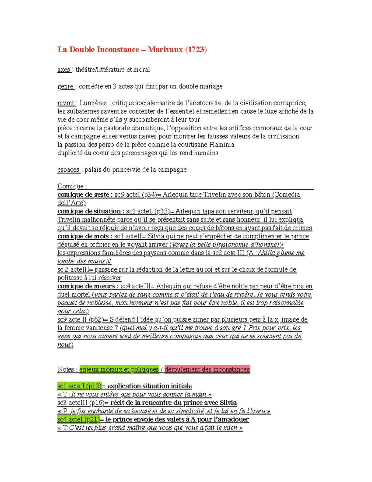 Fiche de lecture : La Double Inconstance de Marivaux (Théâtre) - Studocu