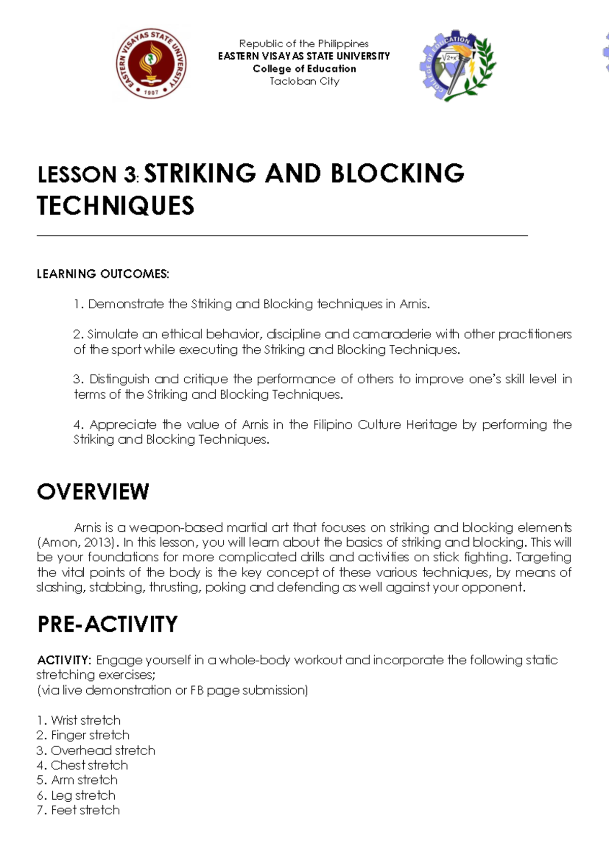 Lesson 3: Striking and Blocking Techniques in Arnis - Studocu