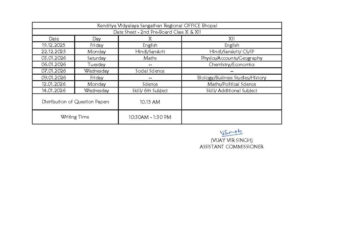 2nd Pre-Board Time-Table for Class X & XII - Date Day X XII 19.12 ...