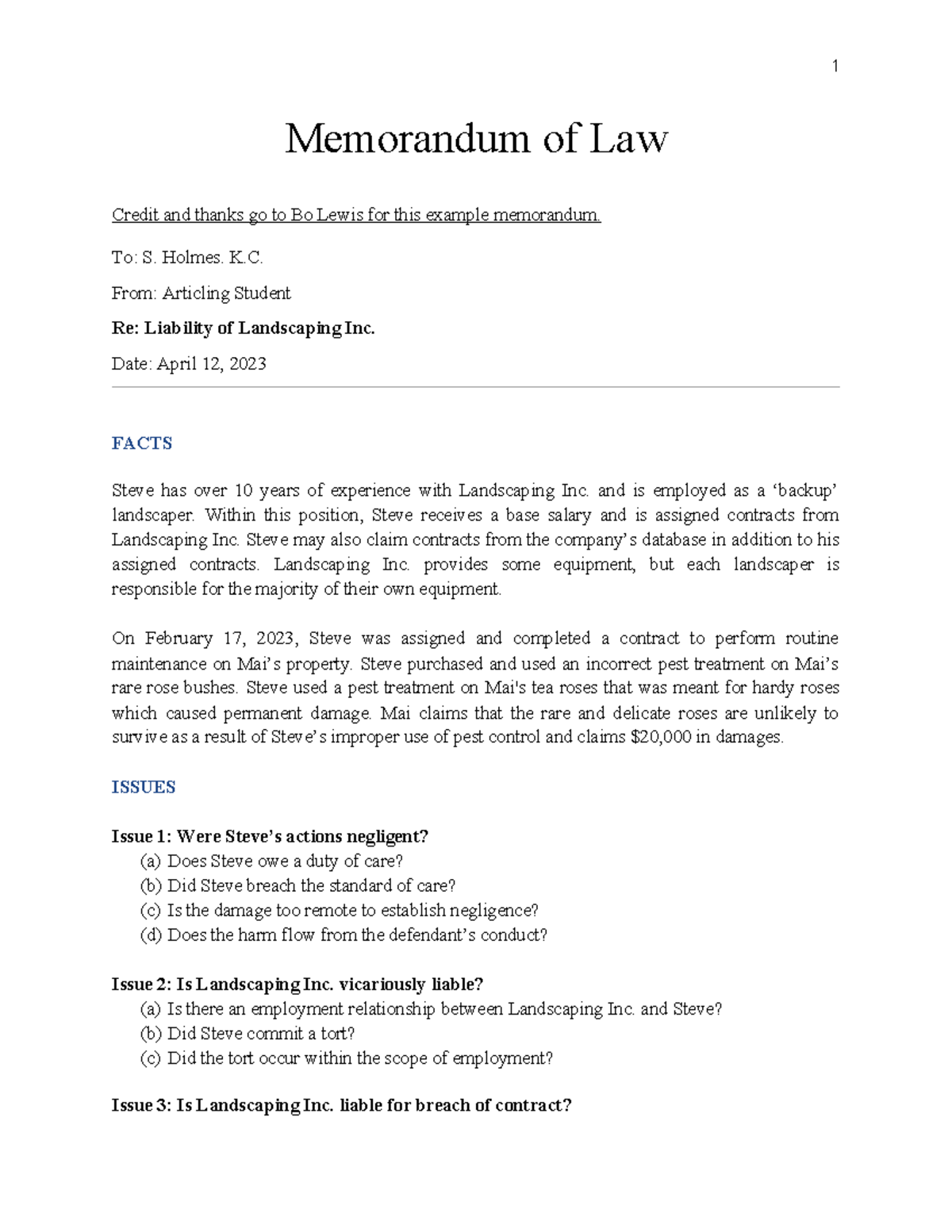 1 Memorandum of Law: Liability Analysis for Landscaping Inc. - Studocu