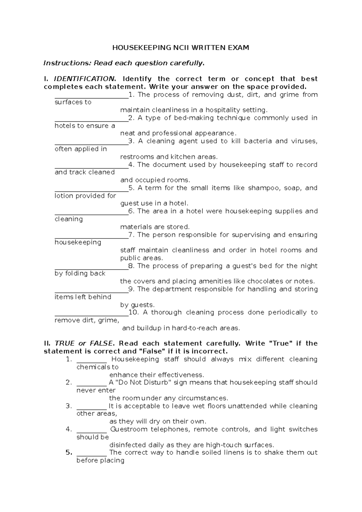 Housekeeping NCII Final Exam: Identification & True/False Questions ...