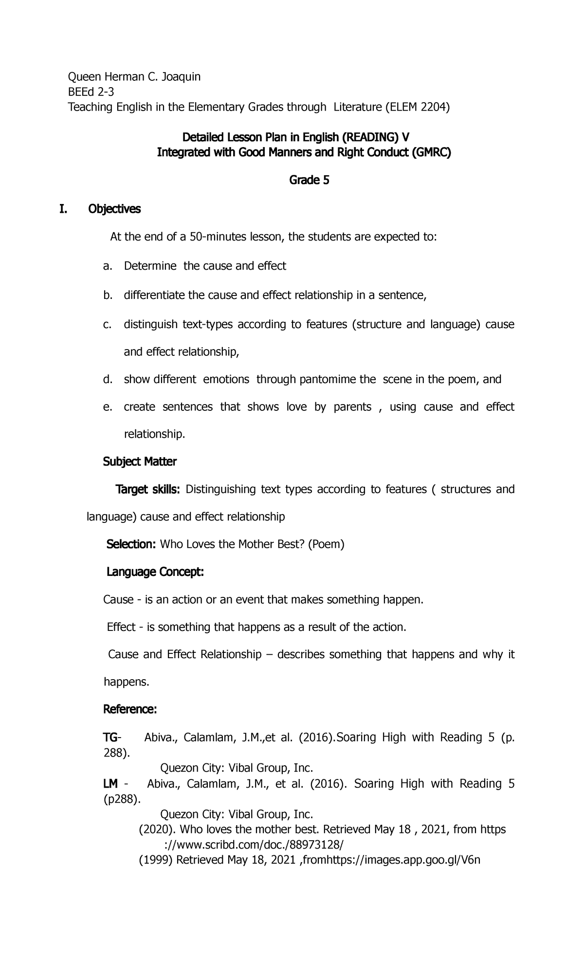 Detailed Lesson Plan: ELEM 2204 - Cause and Effect in Grade 5 English ...