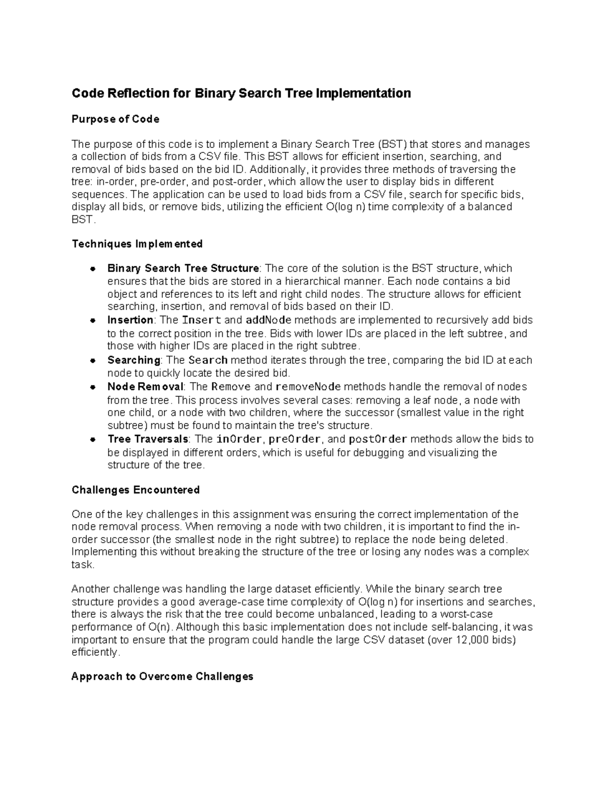 5-2 Code Reflection: Implementing a Binary Search Tree for Bids - Studocu