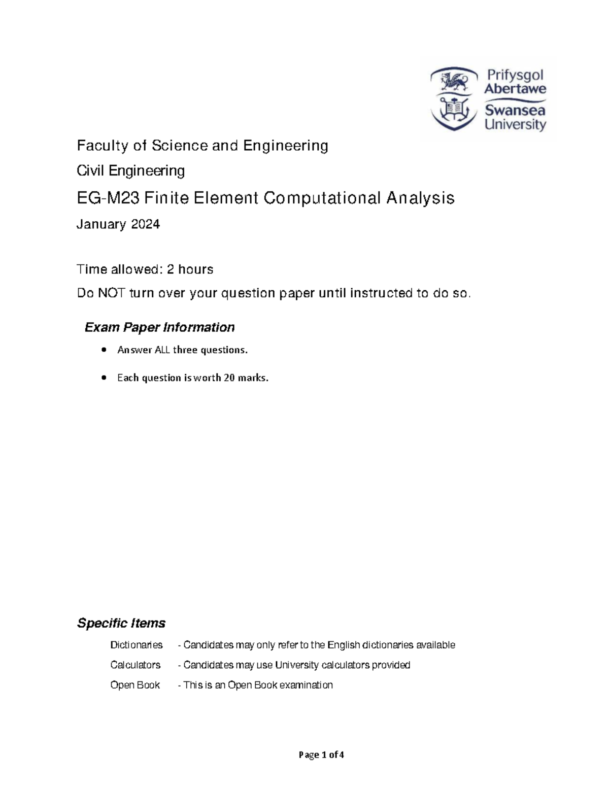 EG-M23 Final Exam Paper: Finite Element Analysis January 2024 - Studocu