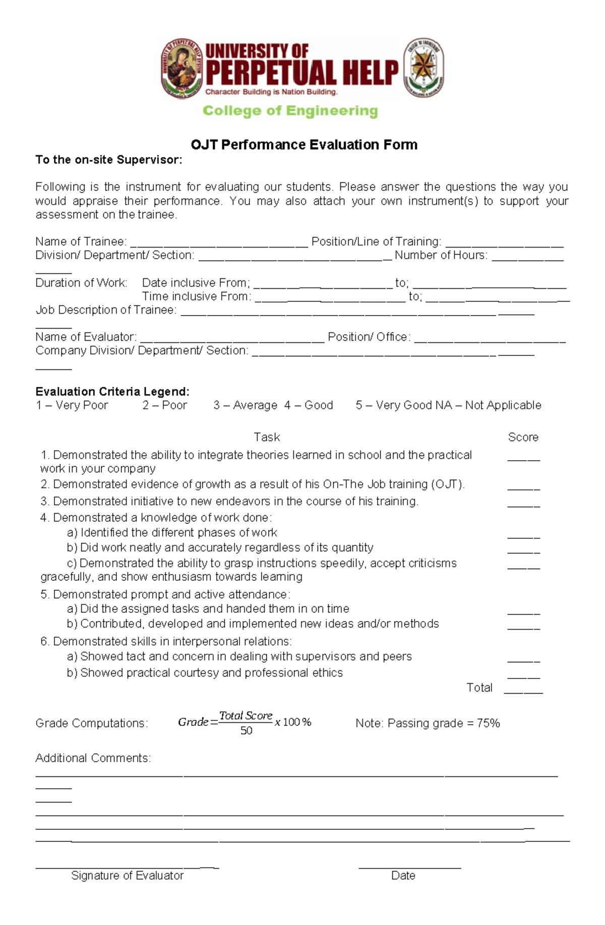 OJT Performance Evaluation Form: Supervisor's Assessment Guide - Studocu