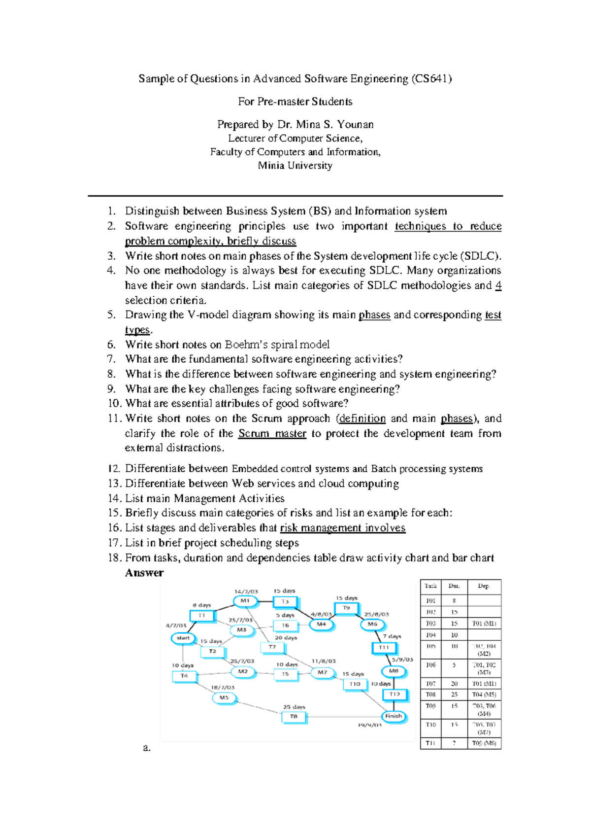 Sheet in Advanced Software Engineering 2021 2022 - Sample of Questions ...
