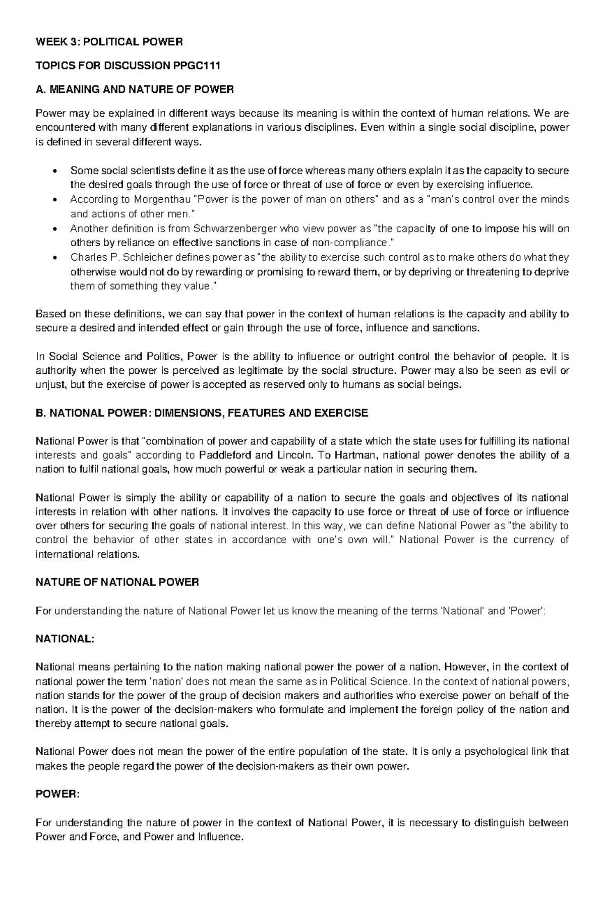 WEEK 3 Political Power - Lecture notes 3 - WEEK 3: POLITICAL POWER ...