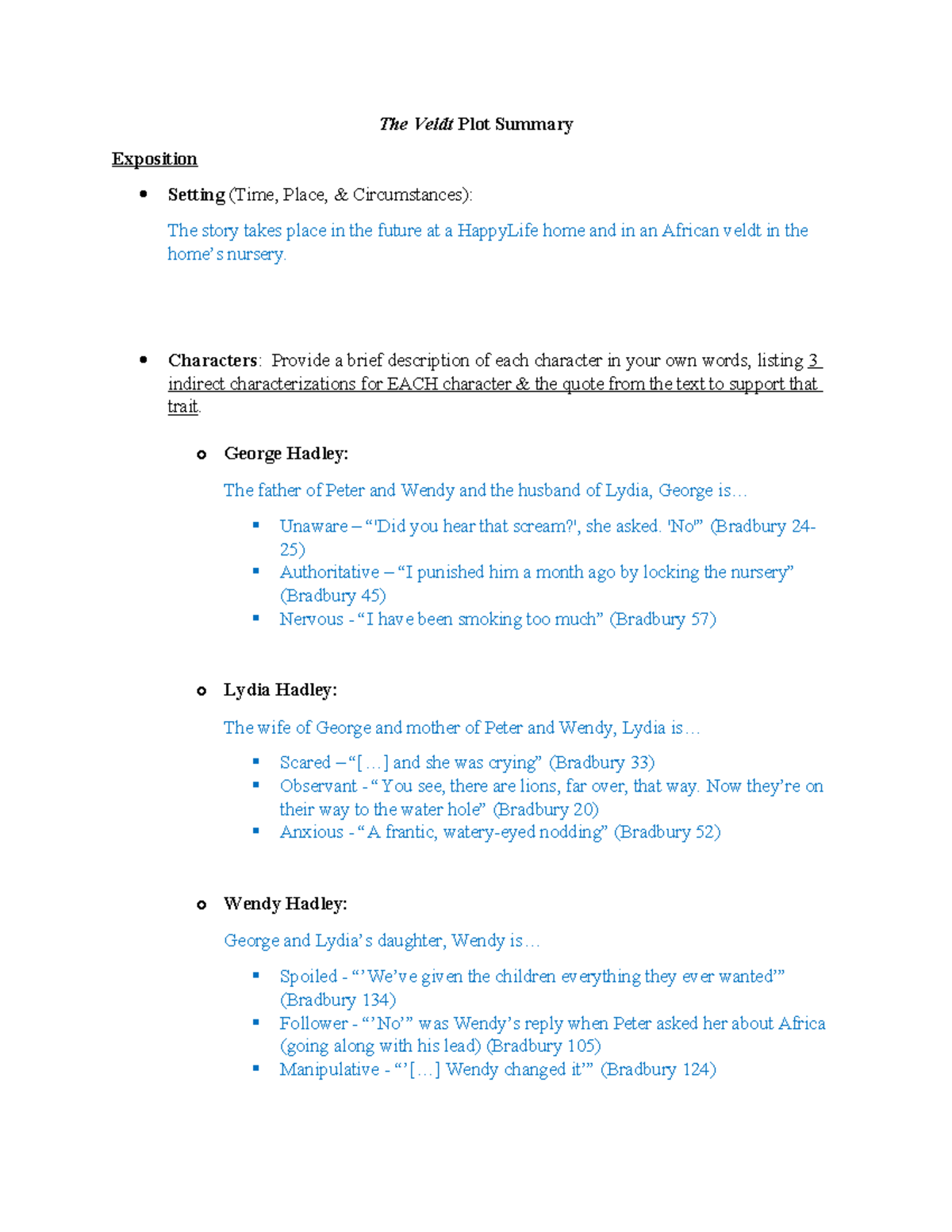 The Veldt (ENG 101) Plot Summary & Character Analysis Diagram - Studocu