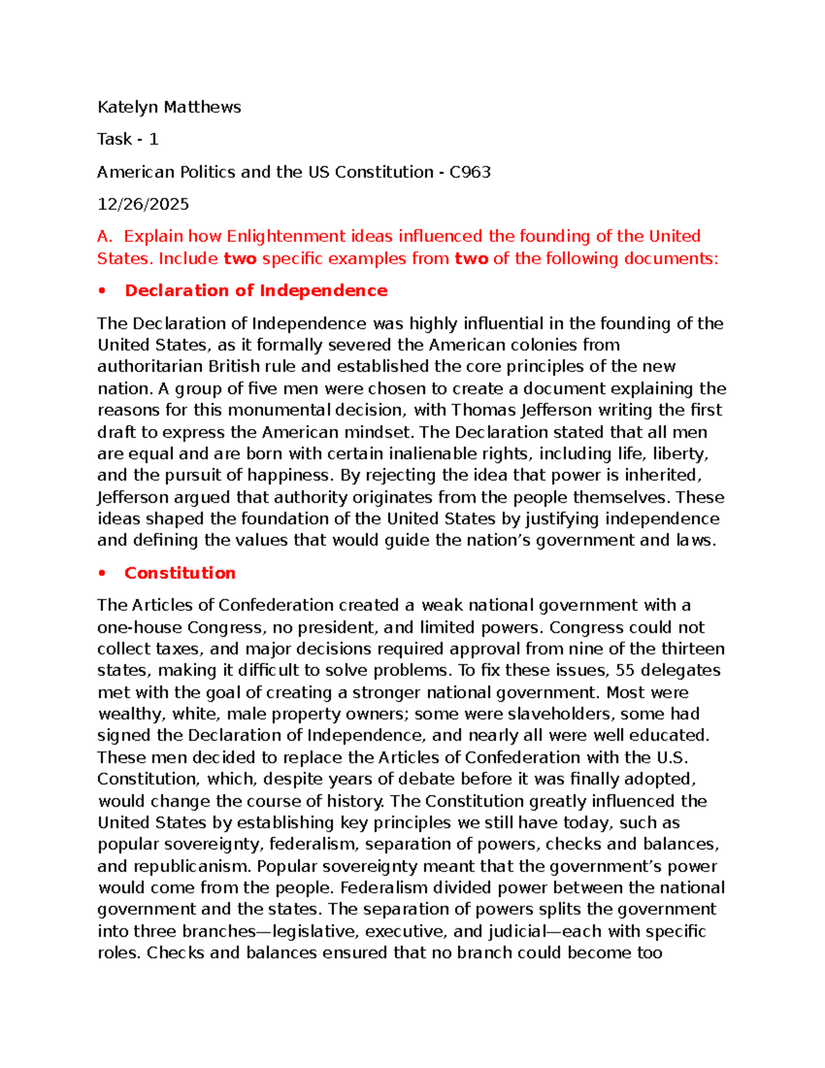 American Politics C963 Task 1: Enlightenment Influence on US Founding ...